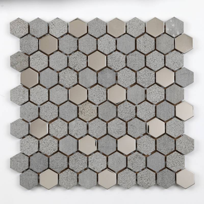 Plaque mosaique pierre & inox - hexagones - gris - Decoon